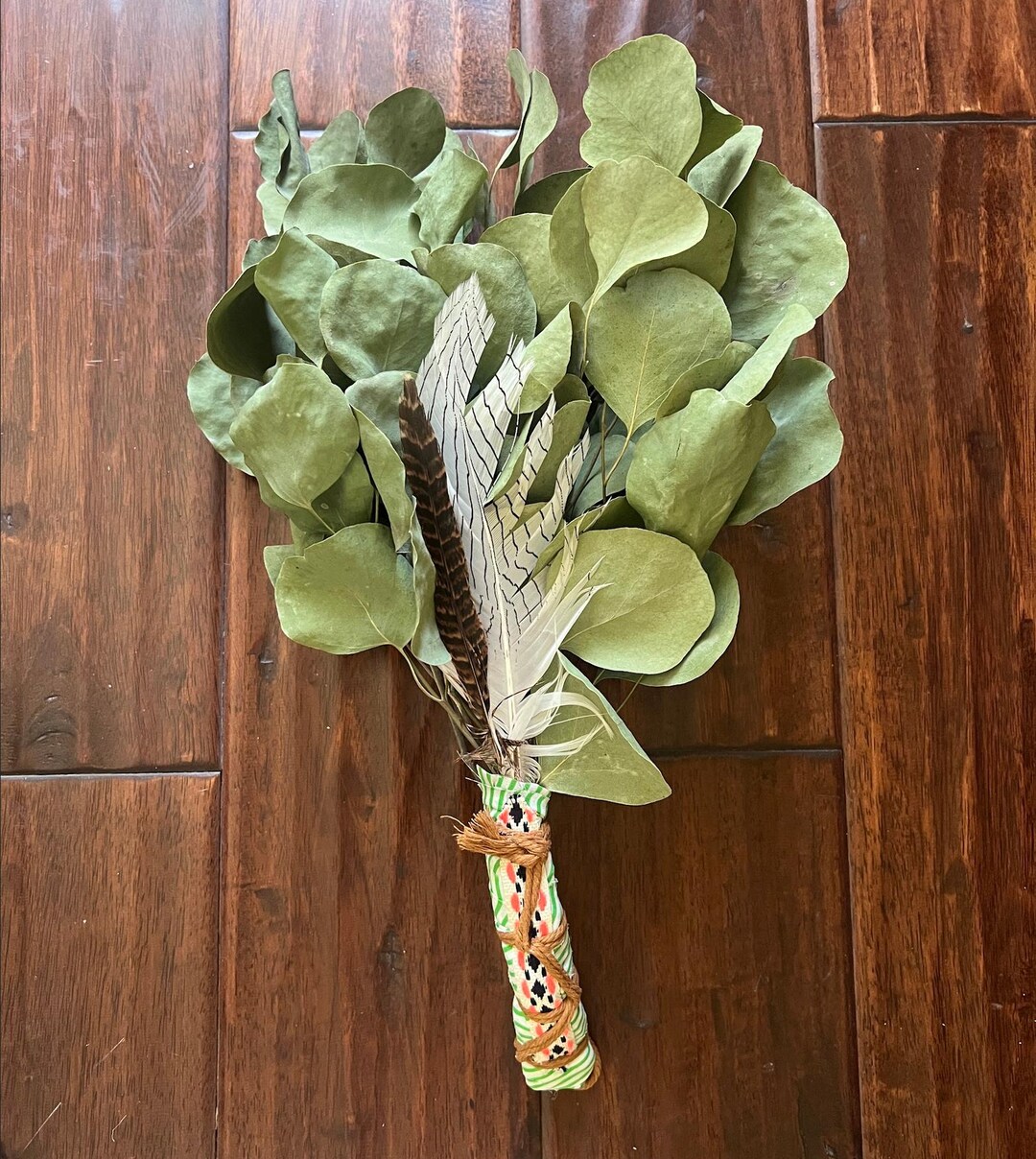 Eucalyptus Chakapa 18 Green & White Fabric With Mulit-colored Trim Tan ...