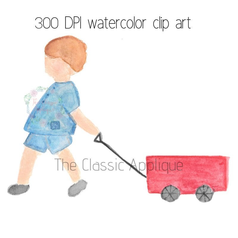 Little Boy Pulling Red Wagon Watercolor PNG Printable Digital Clip Art ...