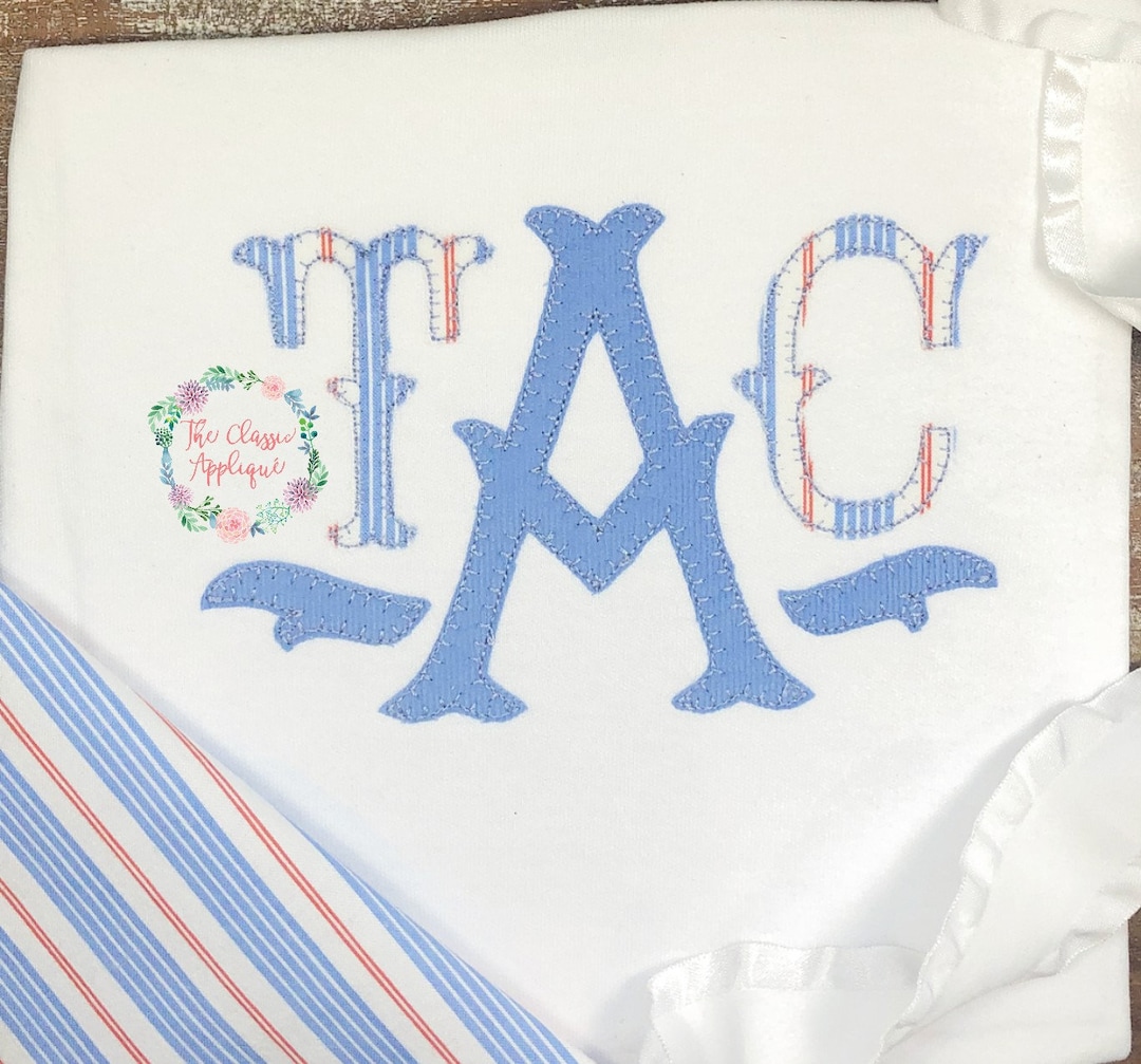 Elegant Fishtail Three Letter Applique Monogram Blanket Stitch Font ...