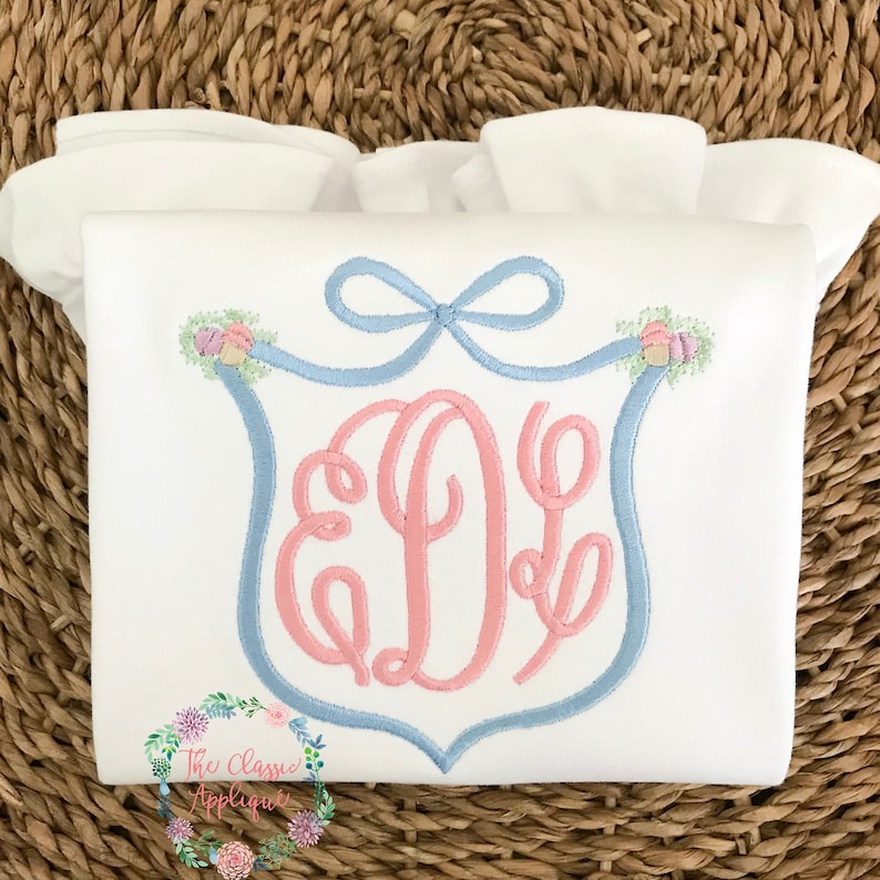 Ribbon and bow floral crest monogram frame machine embroidery | Etsy