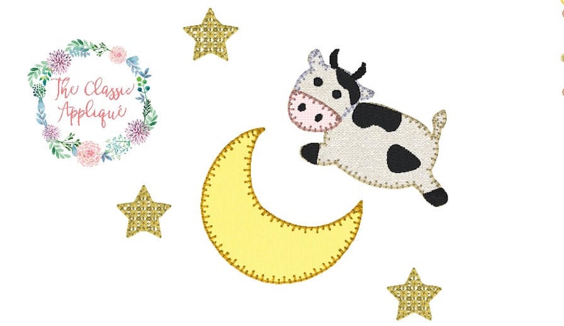 Nursery Rhyme Cow Jumped Over the Moon Blanket Stitch Applique Design ...