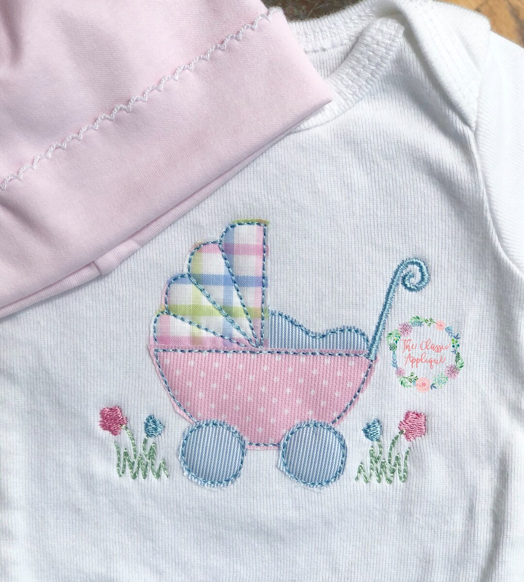 Baby Carriage, Pram With Flowers, Bean Stitch, Vintage Applique Machine ...