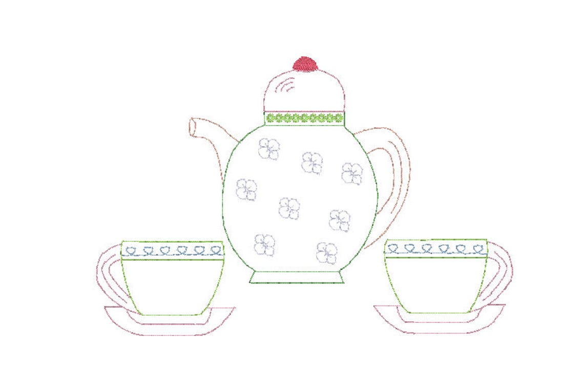 Teacups and Teapot Vintage Stitch, Heirloom Style, Bean Stitch Sketch ...
