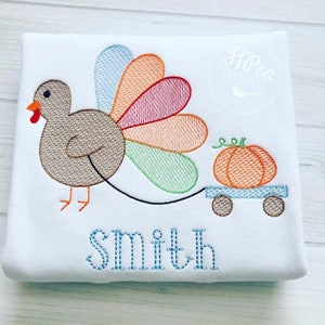 Thanksgiving Boy Turkey Pulling Pumpkin on Wagon Sketch Fill, Light ...