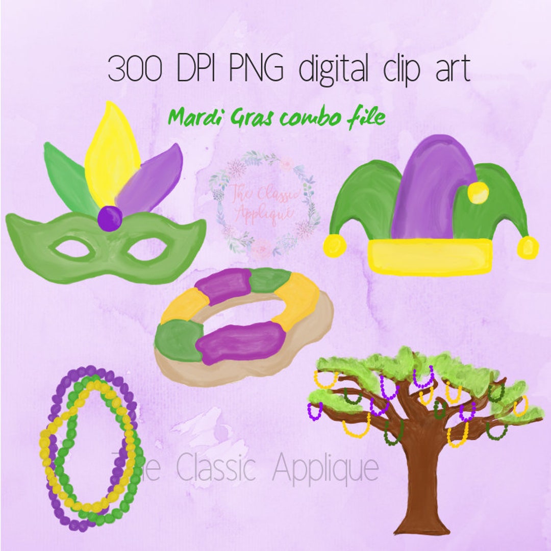 5 Separate Mardi Gras Themed Watercolor PNG Printable Digital Clip Art ...