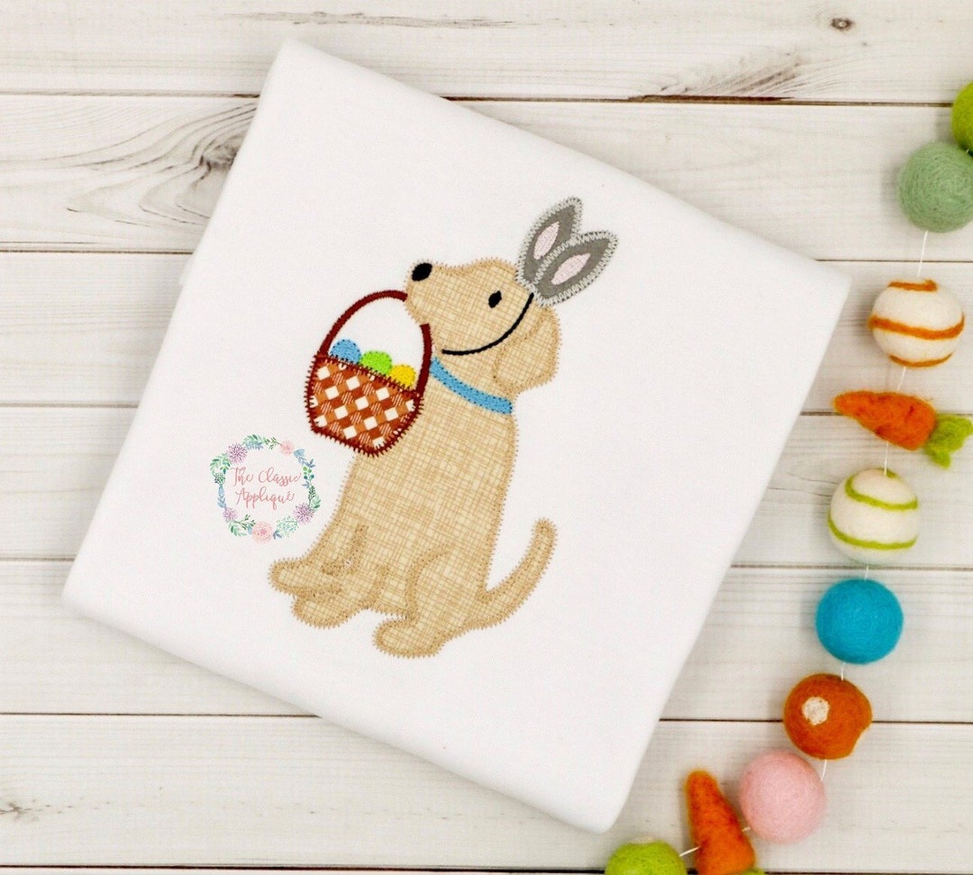 Easter Puppy Dog Holding Easter Basket With Bunny Ears Zig Zag Applique ...