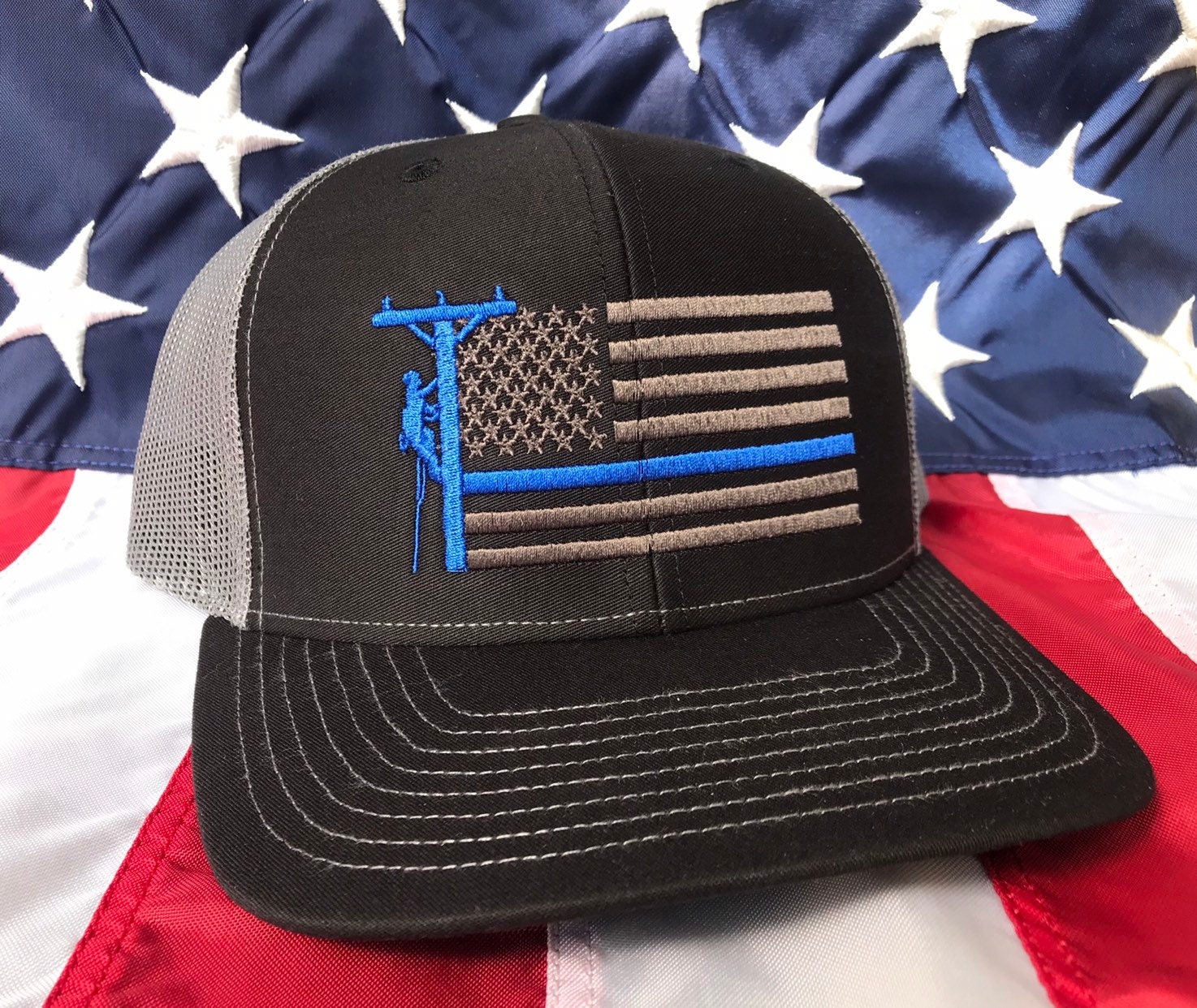 Thin blue line, Lineman American flag embroidered hat, lineman flag hat ...