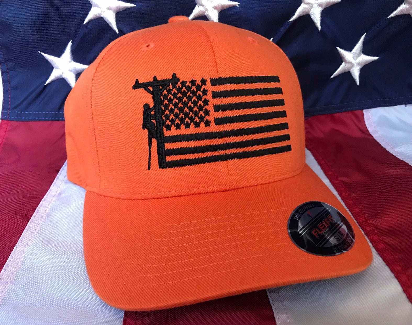 Lineman flag embroidered orange hat, lineman baseball cap, lineman ...