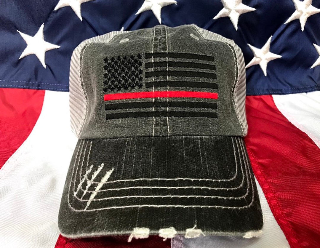 Thin Red Line Fire Fighter American Flag, Fire Wife Distressed Trucker ...