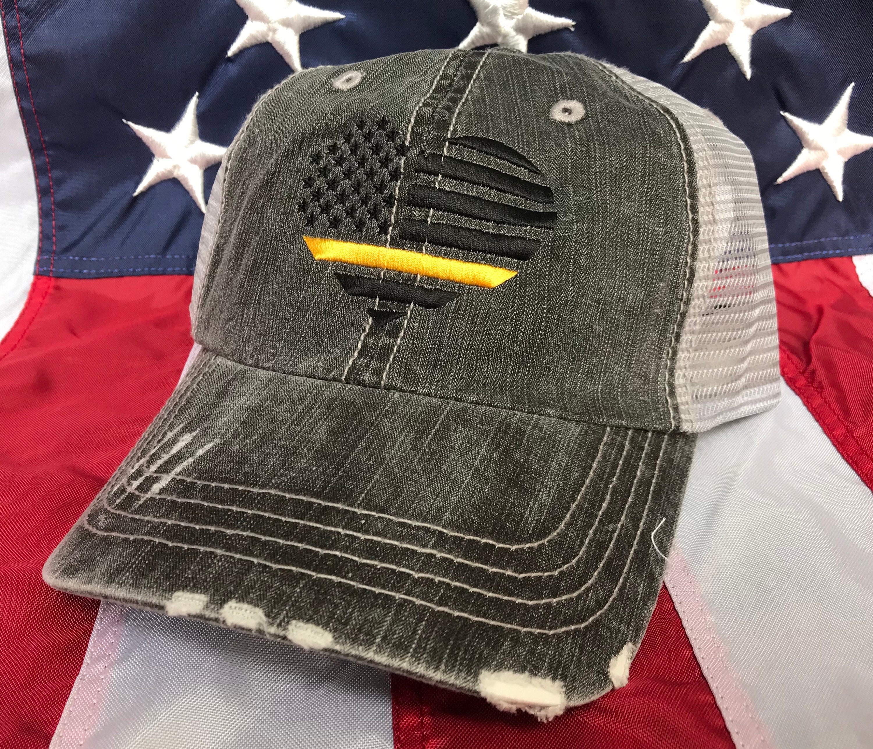 Thin gold line American flag heart, 911 disptacher distressed trucker ...