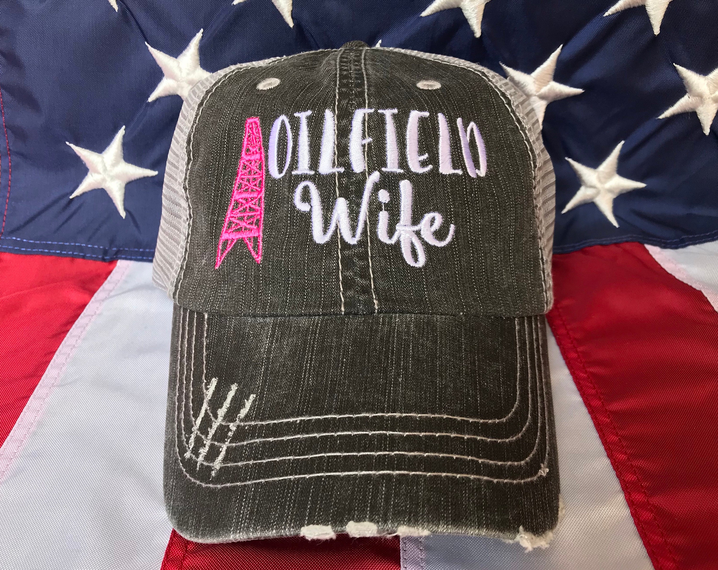 Oilfield wife distressed embroidered hat, oil rig, oil wife baseball cap