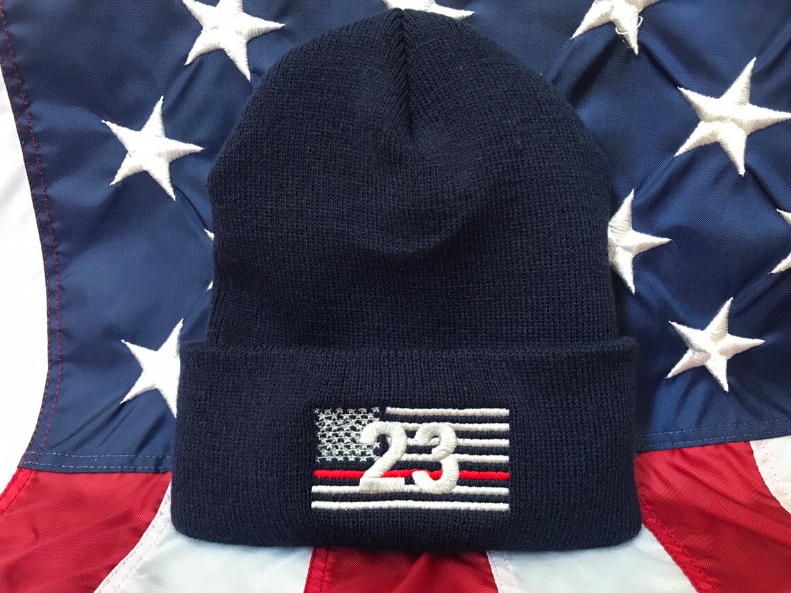 Thin Red Line Number Flag Beanie, Firefighter Skull Cap, Navy or Black ...