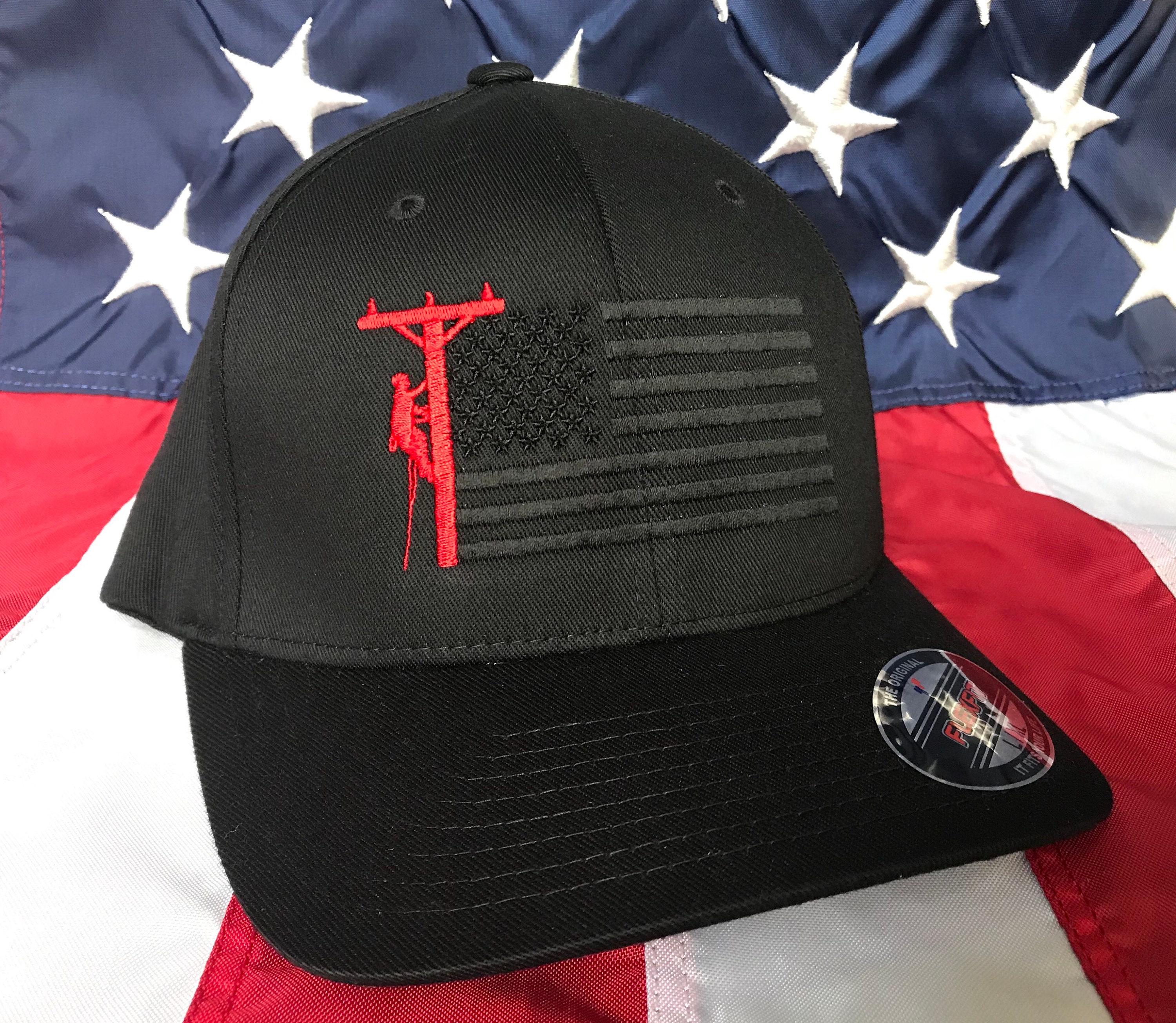 Any colors, Lineman blacked out flag embroidered hat, lineman baseball ...