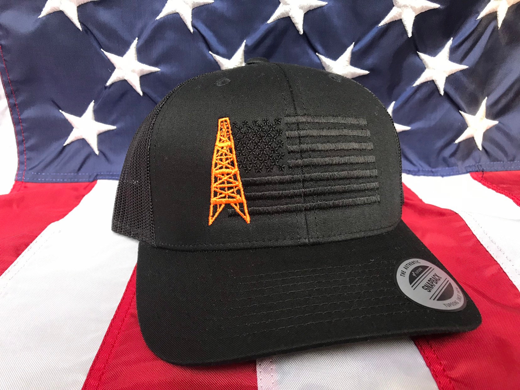 Any colors, orange oilfield blacked out flag embroidered hat, oil rig ...