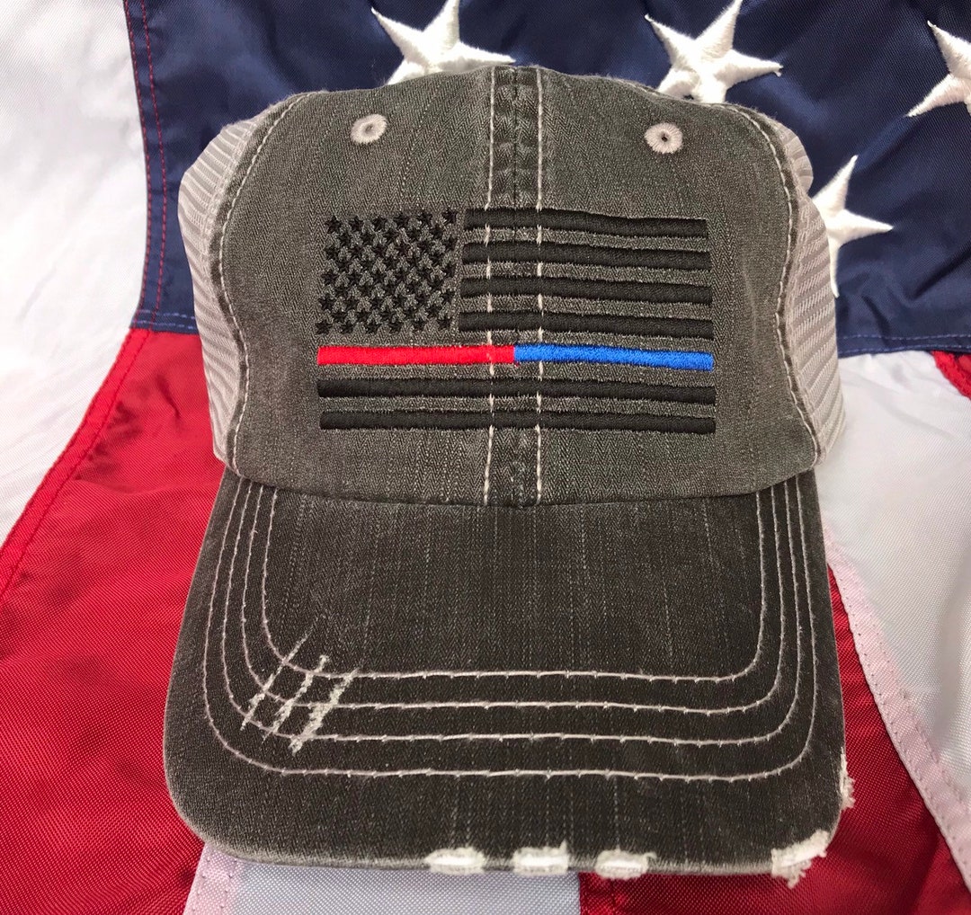 Thin Red Line and Blue Line Fire Fighter American Flag, Distressed ...