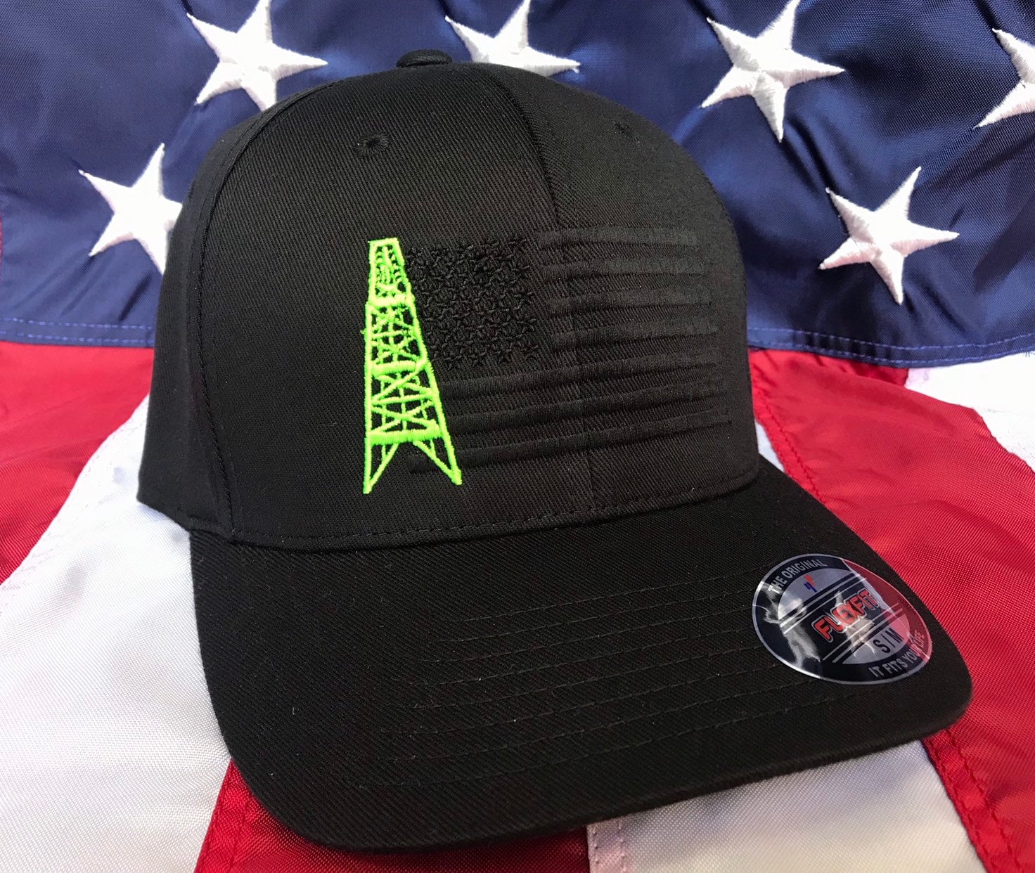 Any colors, lime green oilfield blacked out flag embroidered hat, oil ...