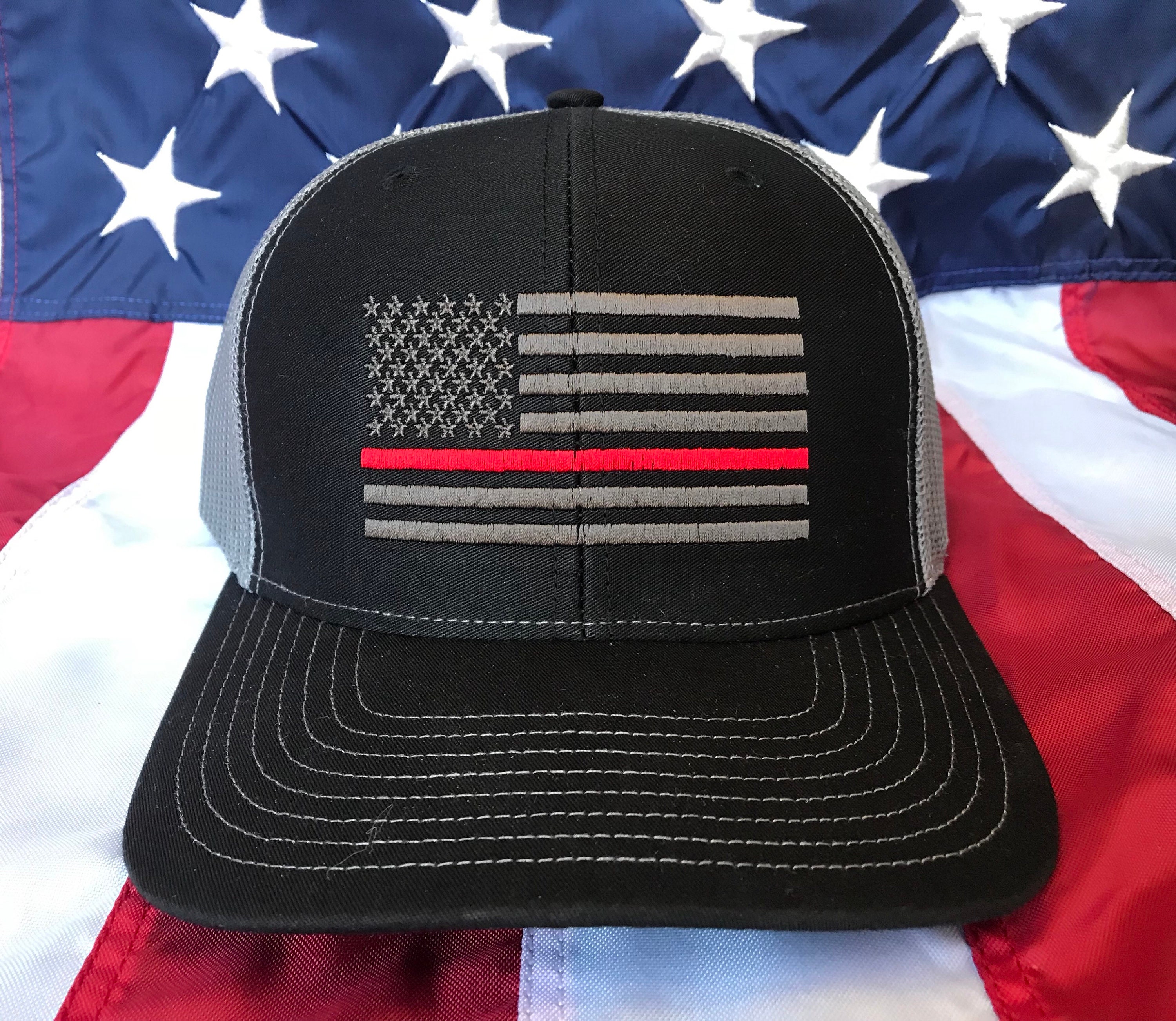 Thin red line flag embroidered hat, firefighter, fire department ...