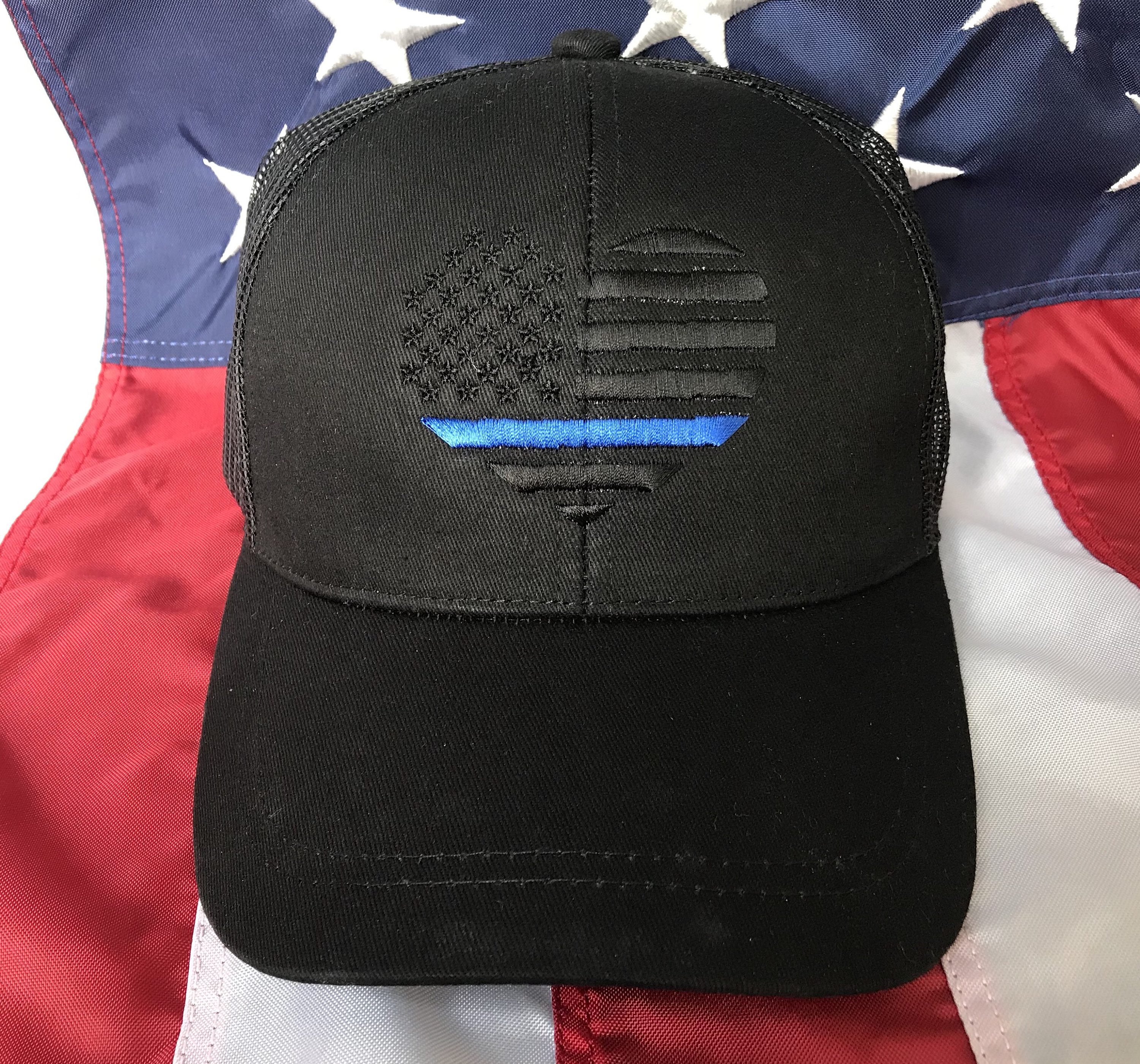 Pony tail hat blacked out thin blue line heart flag, police wife Pony ...