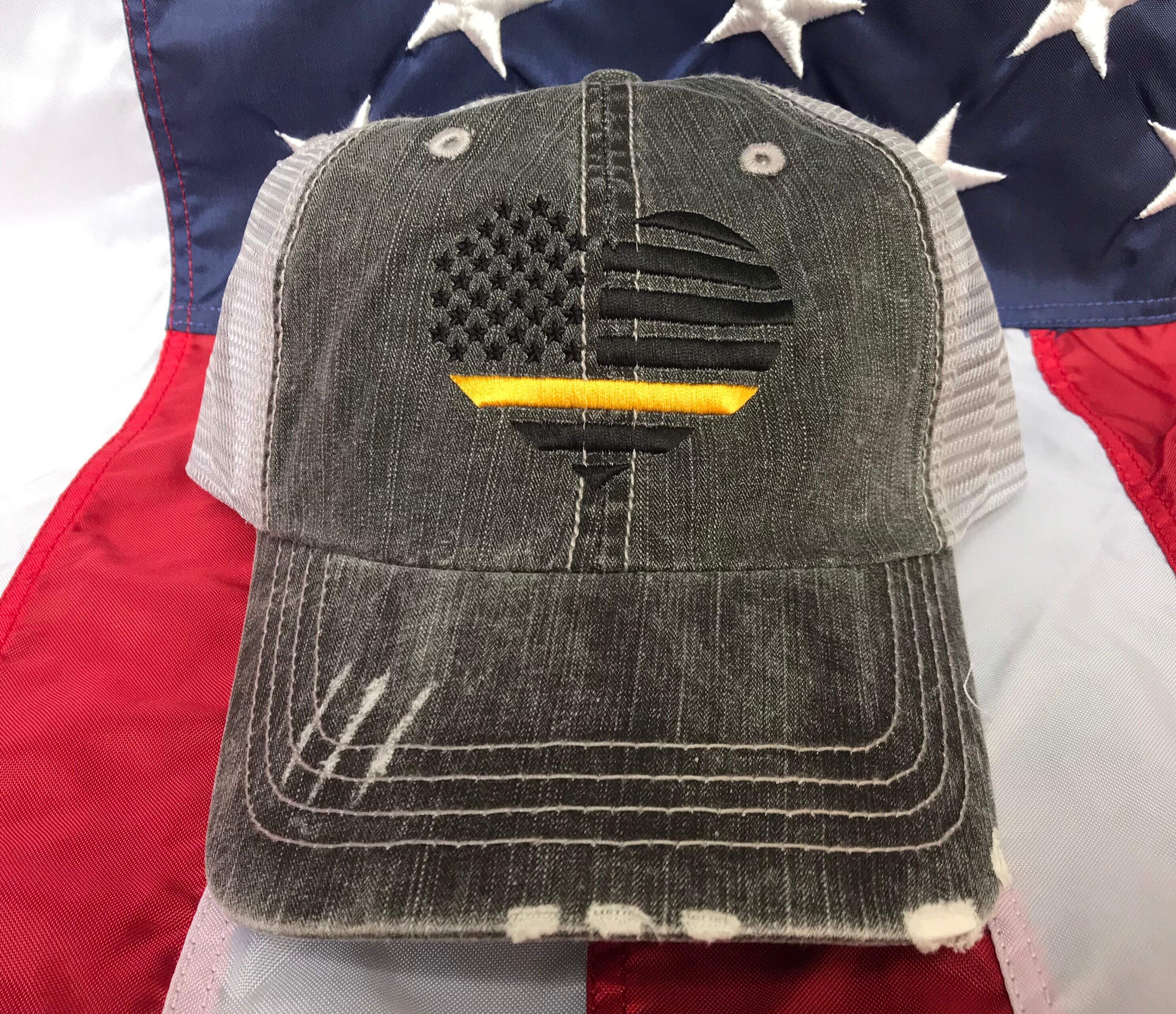 Thin gold line American flag heart, 911 disptacher distressed trucker ...
