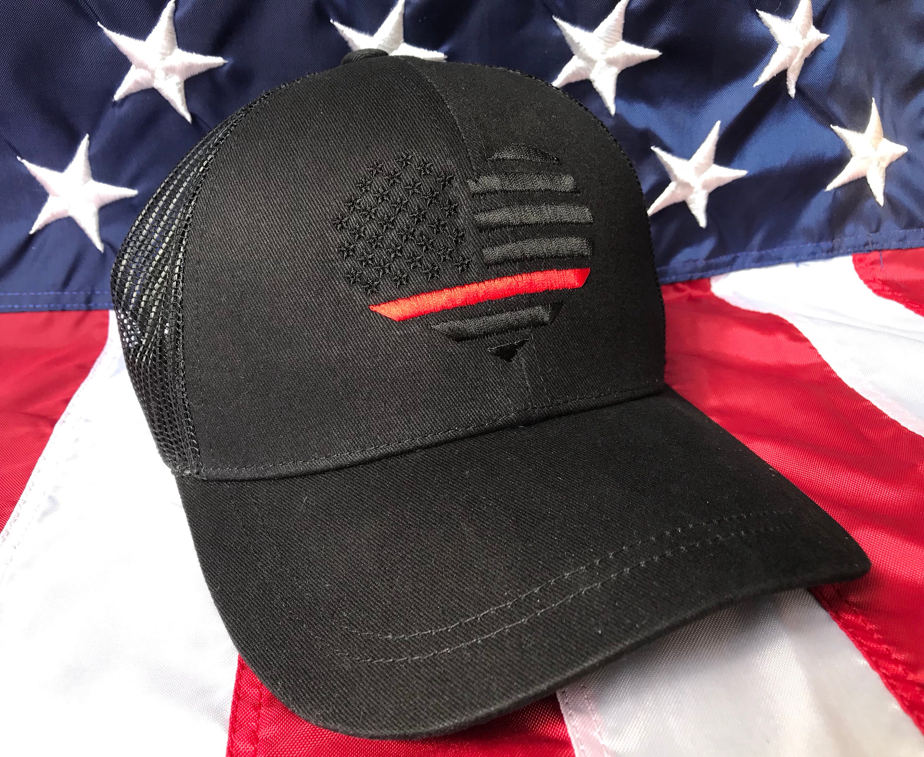 Pony tail hat blacked out thin red line heart flag, firefighter wife ...
