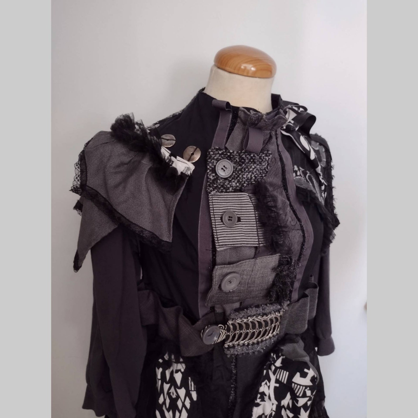 Black and Grey Patchwork Goth Jacket. Midi Black Handmade Embroidery ...
