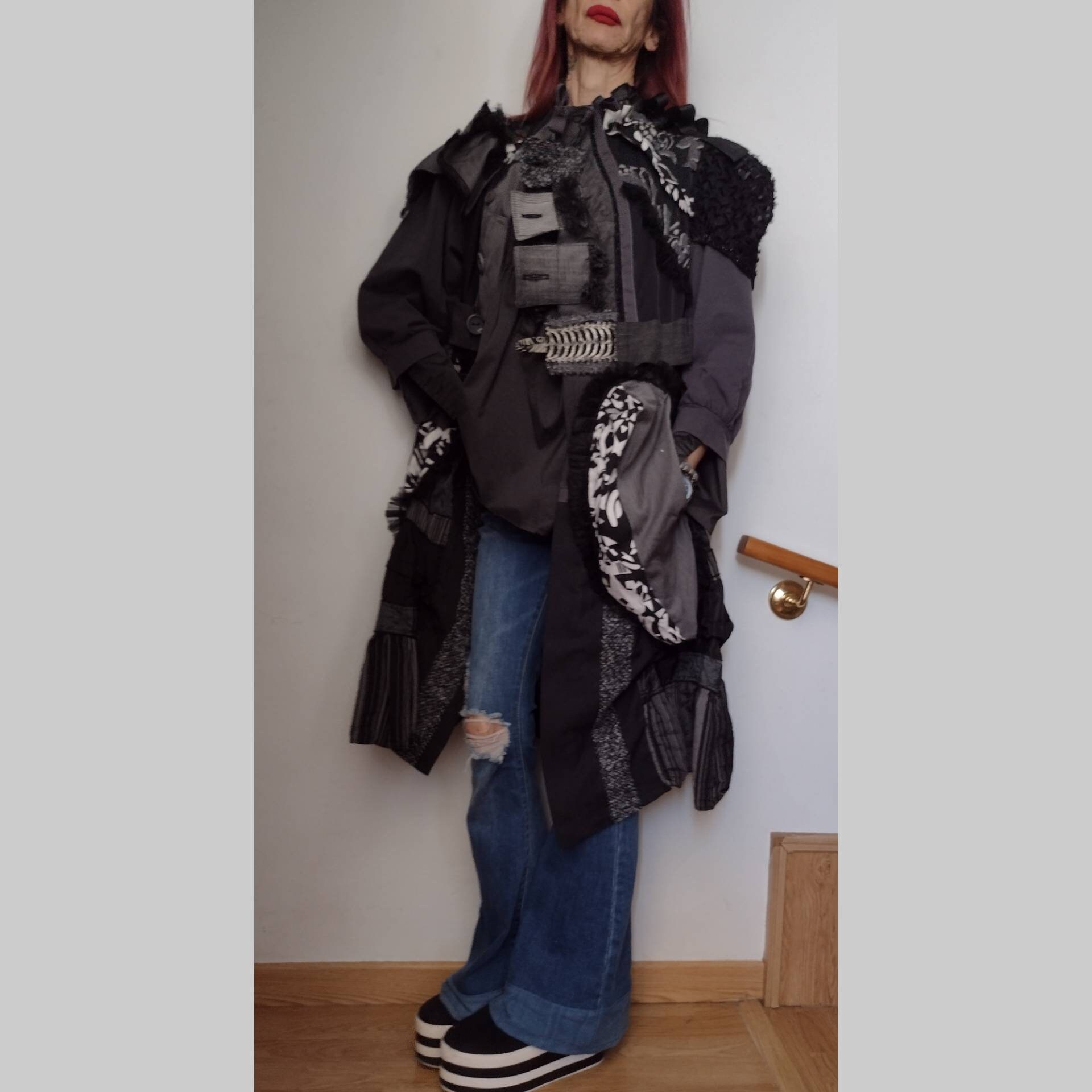 Black and Grey Patchwork Goth Jacket. Midi Black Handmade Embroidery ...