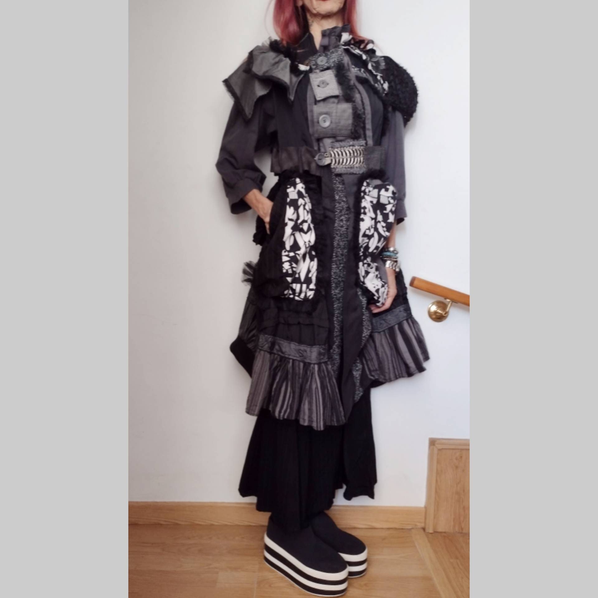 Black and Grey Patchwork Goth Jacket. Midi Black Handmade Embroidery ...