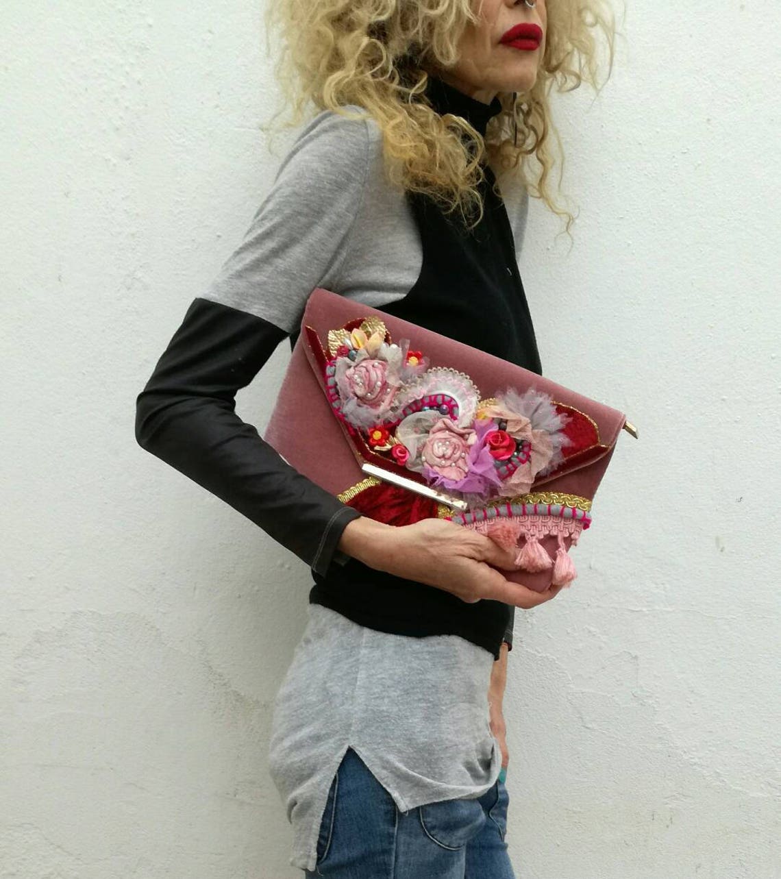 Velvet Shabby Clutch. Shabby Chic Deluxe Handmade OOAK Clutch. - Etsy