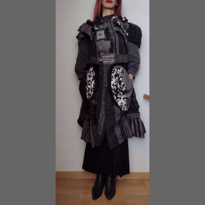 Black and Grey Patchwork Goth Jacket. Midi Black Handmade Embroidery ...