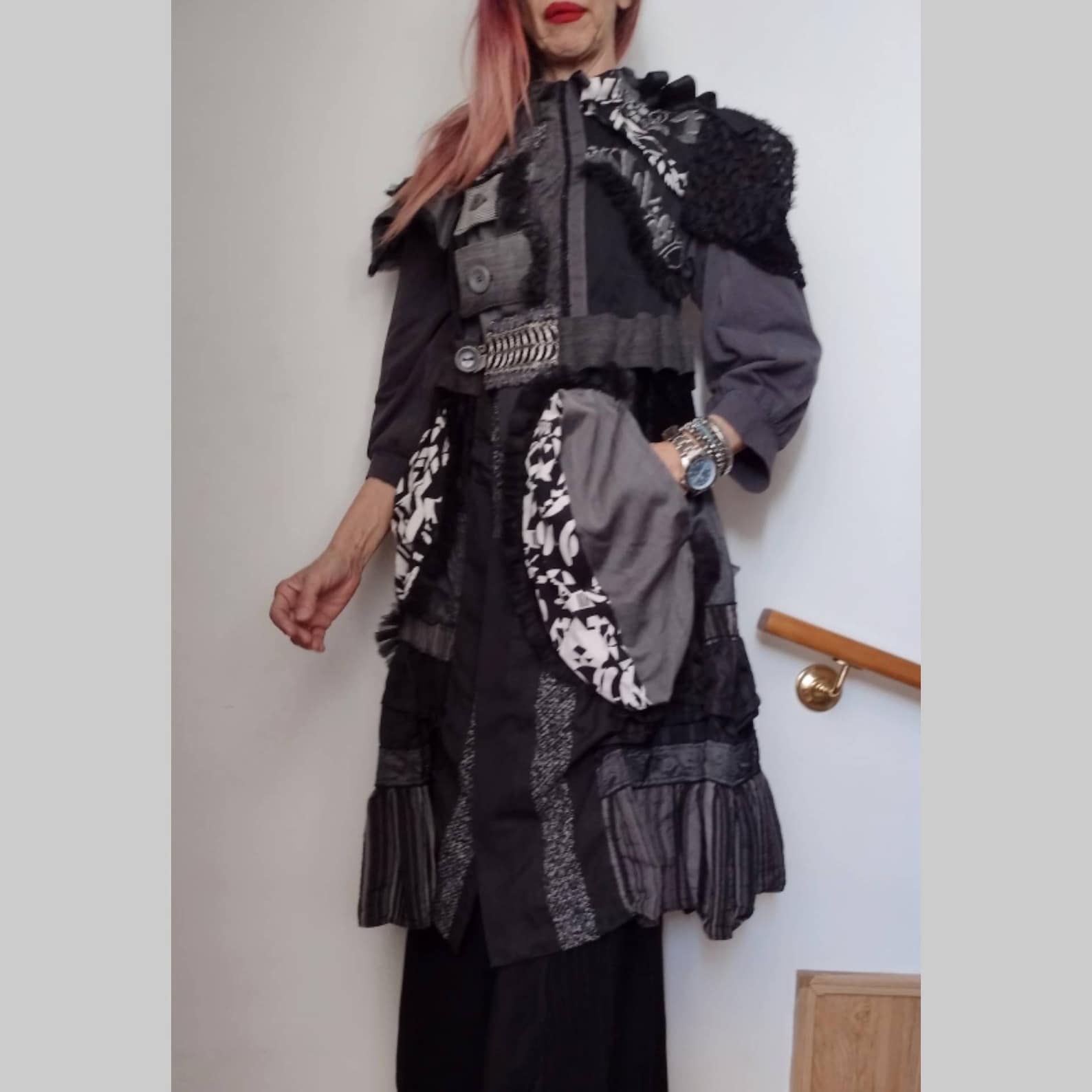 Black and Grey Patchwork Goth Jacket. Midi Black Handmade Embroidery ...
