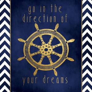 Beautiful Gold & Blue Chevron Inspirational Nautical Art by Stephanie ...