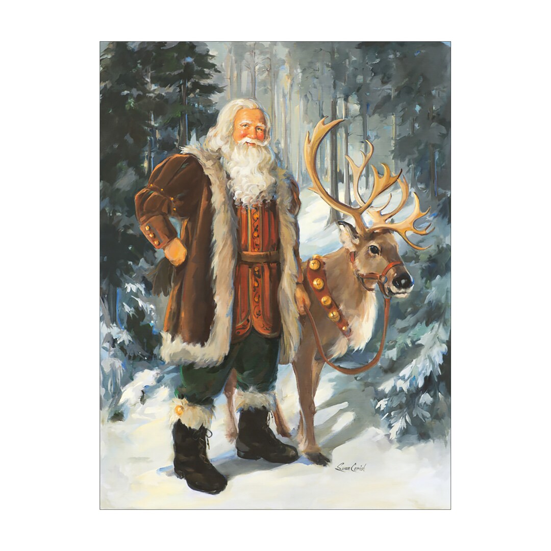 Original Woodland Santa With Reindeer by Susan Comish - Etsy