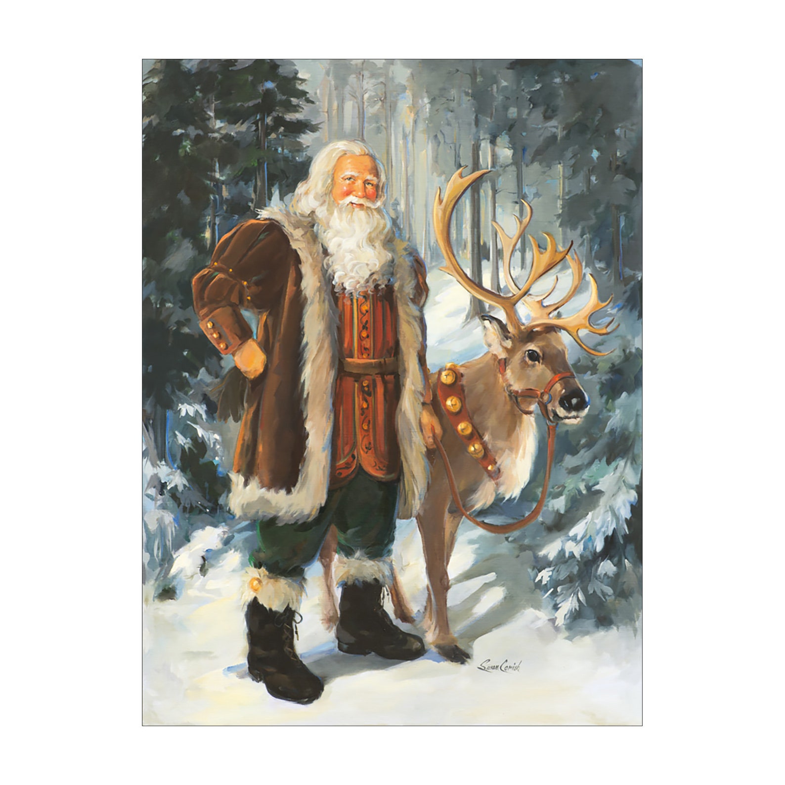 Original Woodland Santa With Reindeer by Susan Comish - Etsy