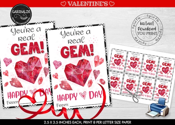 Printable You're a Gem Valentine's Day Cards Gem | Etsy