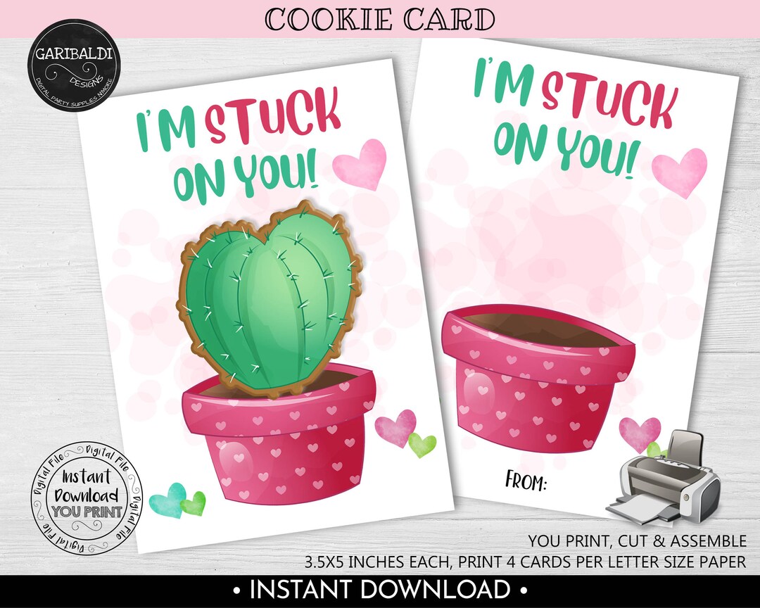 Valentine's Day Cookie Card, Stuck On You Cactus Cookie Card, Instant download Succulent Cookie ...