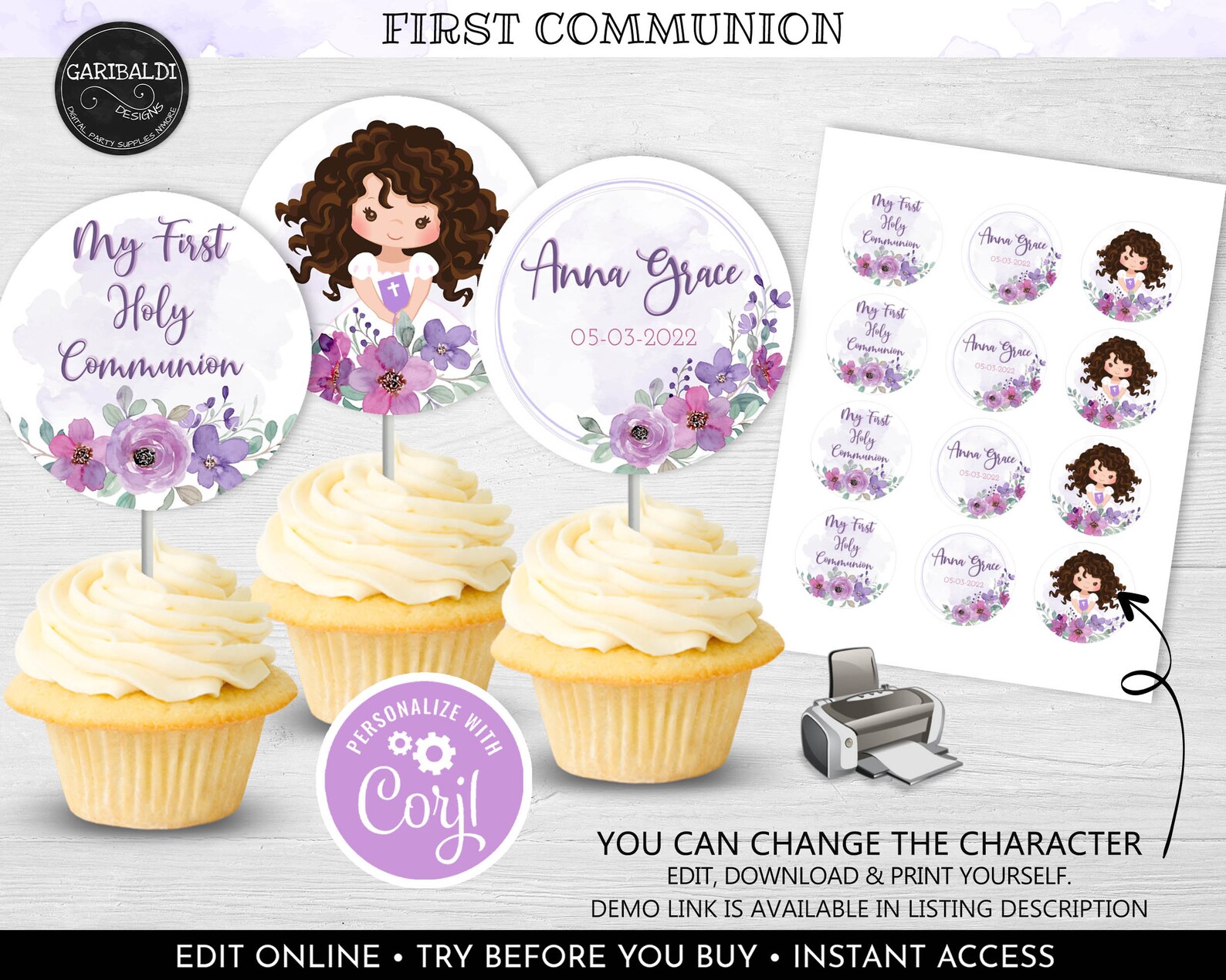 Editable First Communion Cupcake Toppers Printable Girl First - Etsy