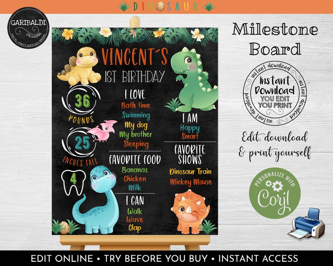 Editable Dinosaur Birthday Milestone Board, Dinosaur Birthday Poster ...