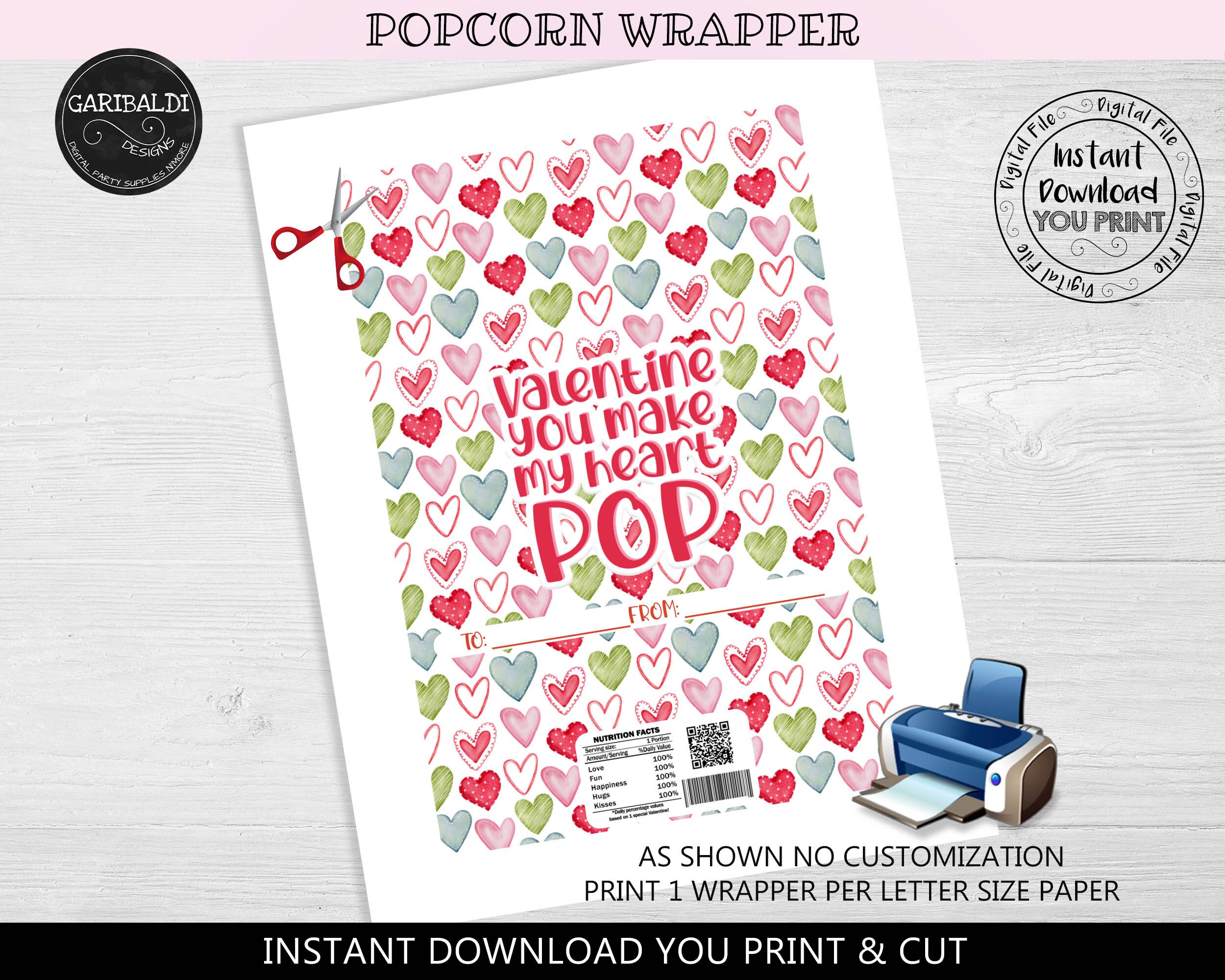 You Make My Heart Pop Valentine's Day Popcorn Wrapper Printable ...