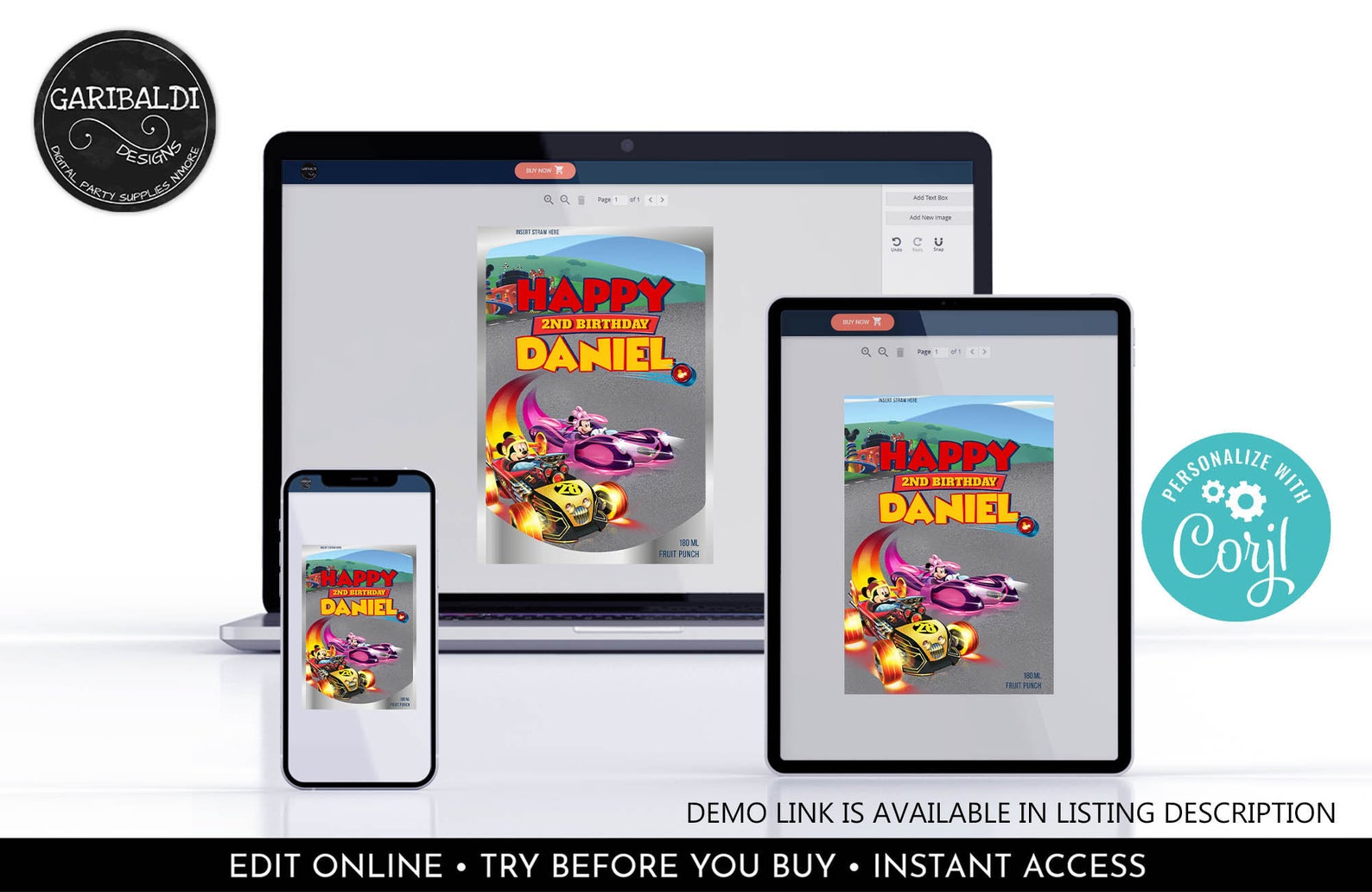 Editable Mickey Roadster Racers Juice Pouch Labels Racing Cars Favor ...