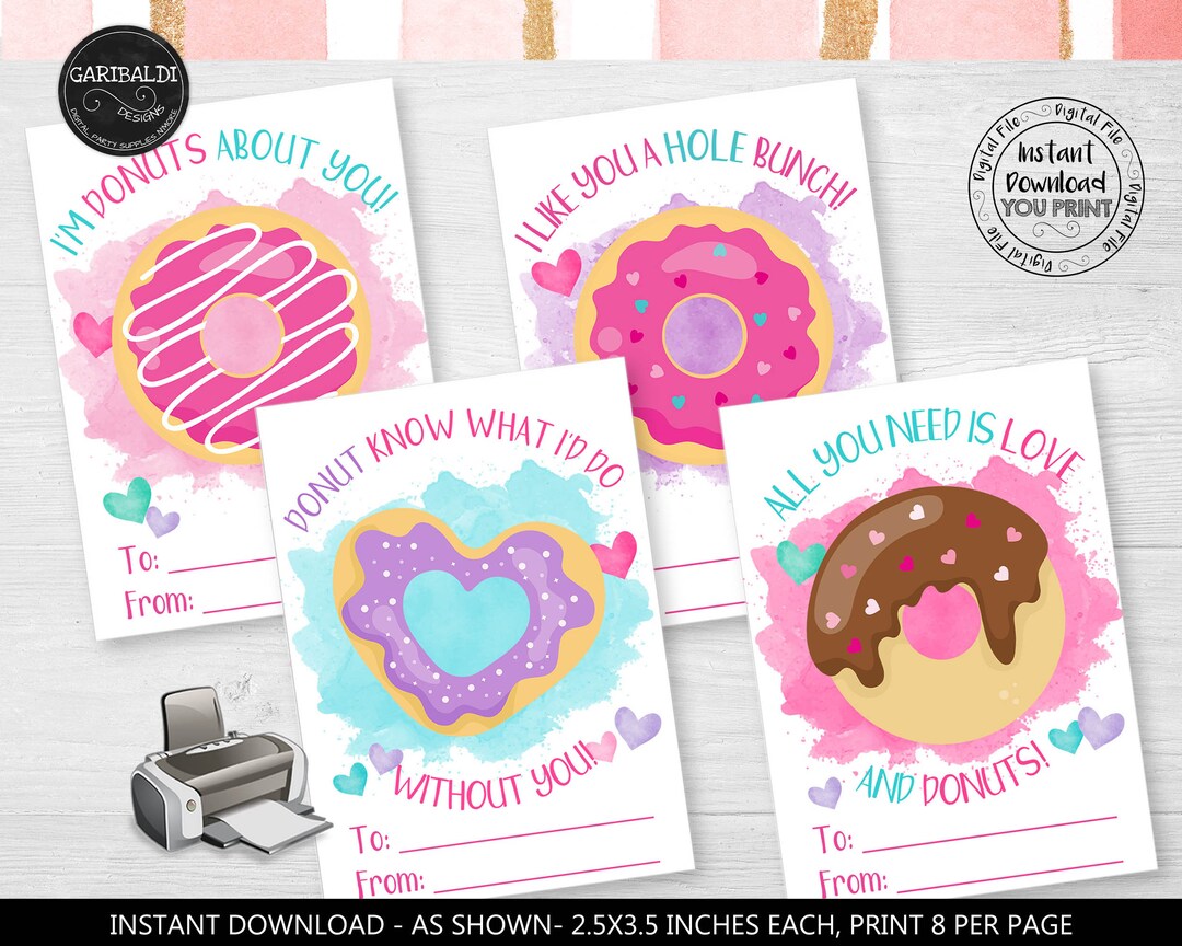 Printable Donuts Valentine Cards Cute Donuts Valentine's Day Kids Cards ...