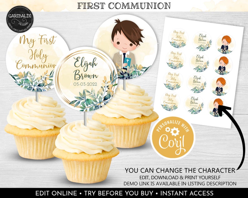 Editable First Communion Cupcake Toppers Printable First - Etsy