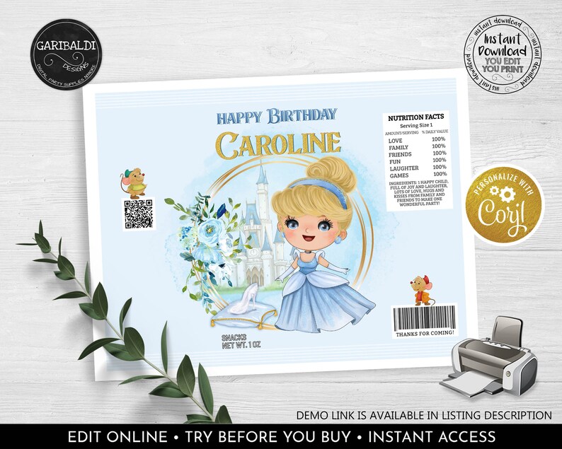 Editable Cinderella Chip Bag Wrapper Once Upon a Time Princess - Etsy