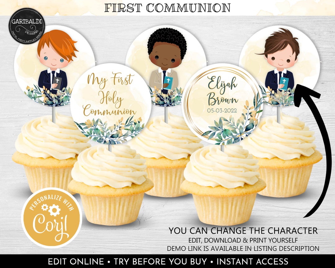 Editable First Communion Cupcake Toppers, Printable First Communion ...