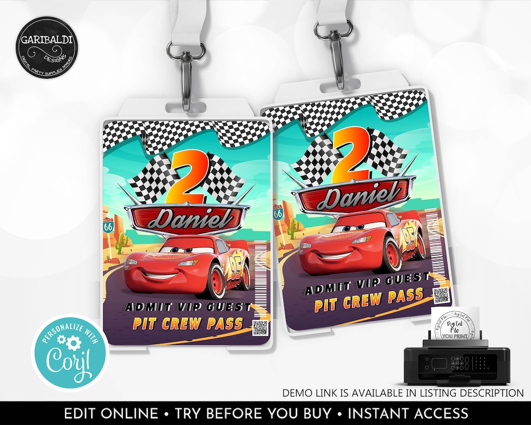 Editable Race Cars Pit Crew Pass Holder VIP Passes Radiator Springs ...