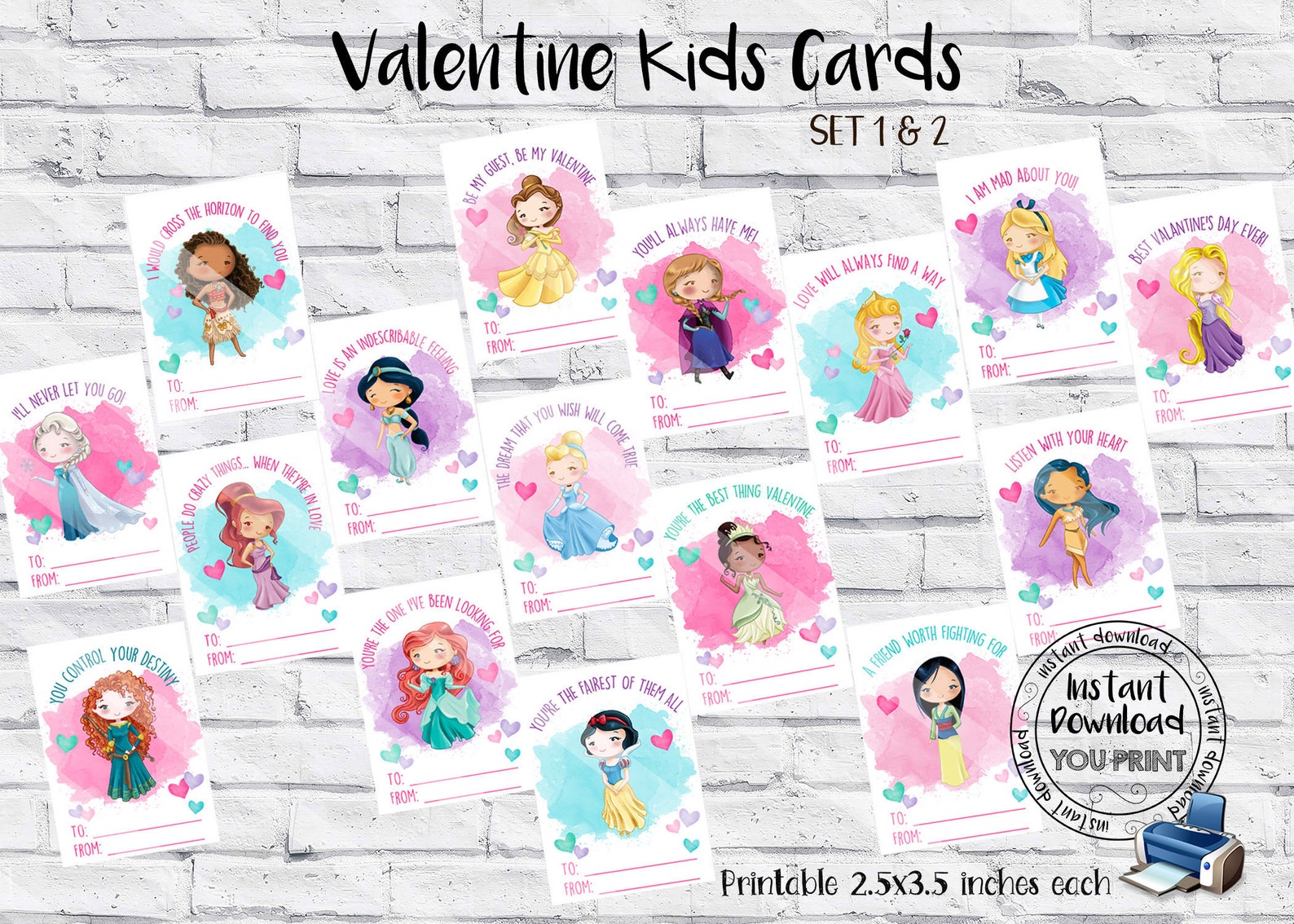Printable Princess Valentine Cards Kids Valentine Cards School | Etsy