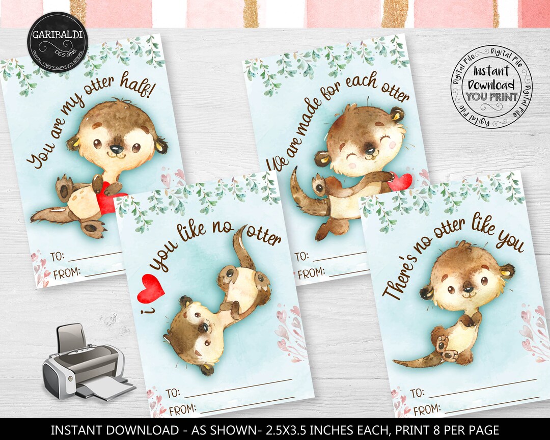 Otter Valentine's Day Cards Valentine's Day Tags School Class Valentine ...