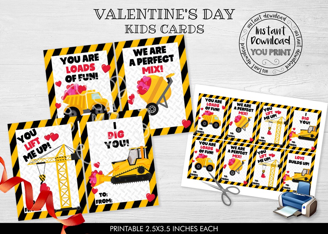 Printable Construction Valentines Cards, Kids Valentine Cards School ...