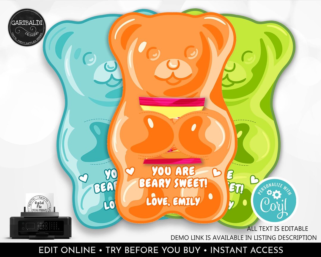 Editable Gummy Bears Valentine's Day Cards Beary Happy Valentine's Day ...