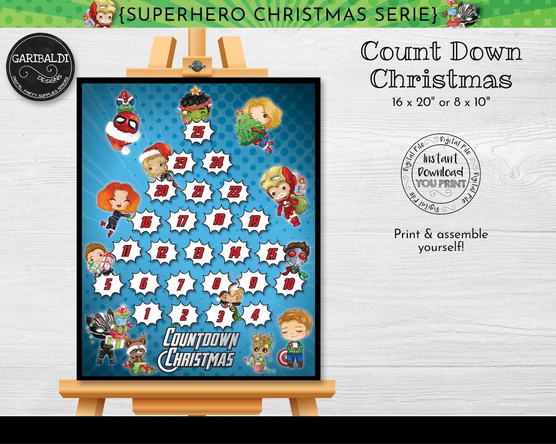 Christmas Advent Calendar Countdown Kids Poster Superhero Countdown ...