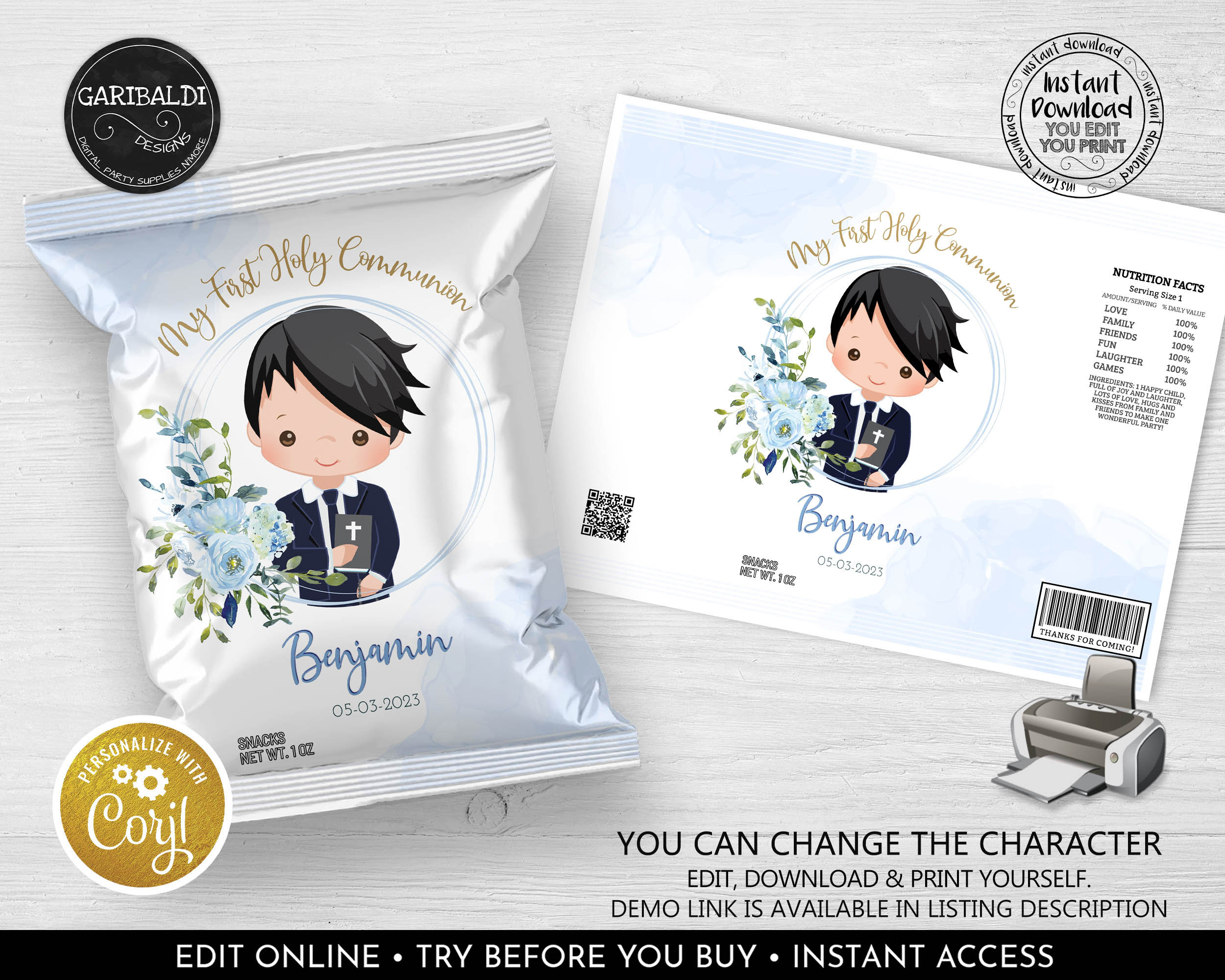 Editable First Communion Chip Bag Wrapper Printable Potato Chip Bag ...